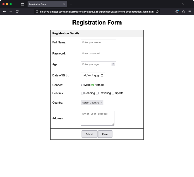 Lab Experiment 2: HTML Tables, Forms, and Frames
